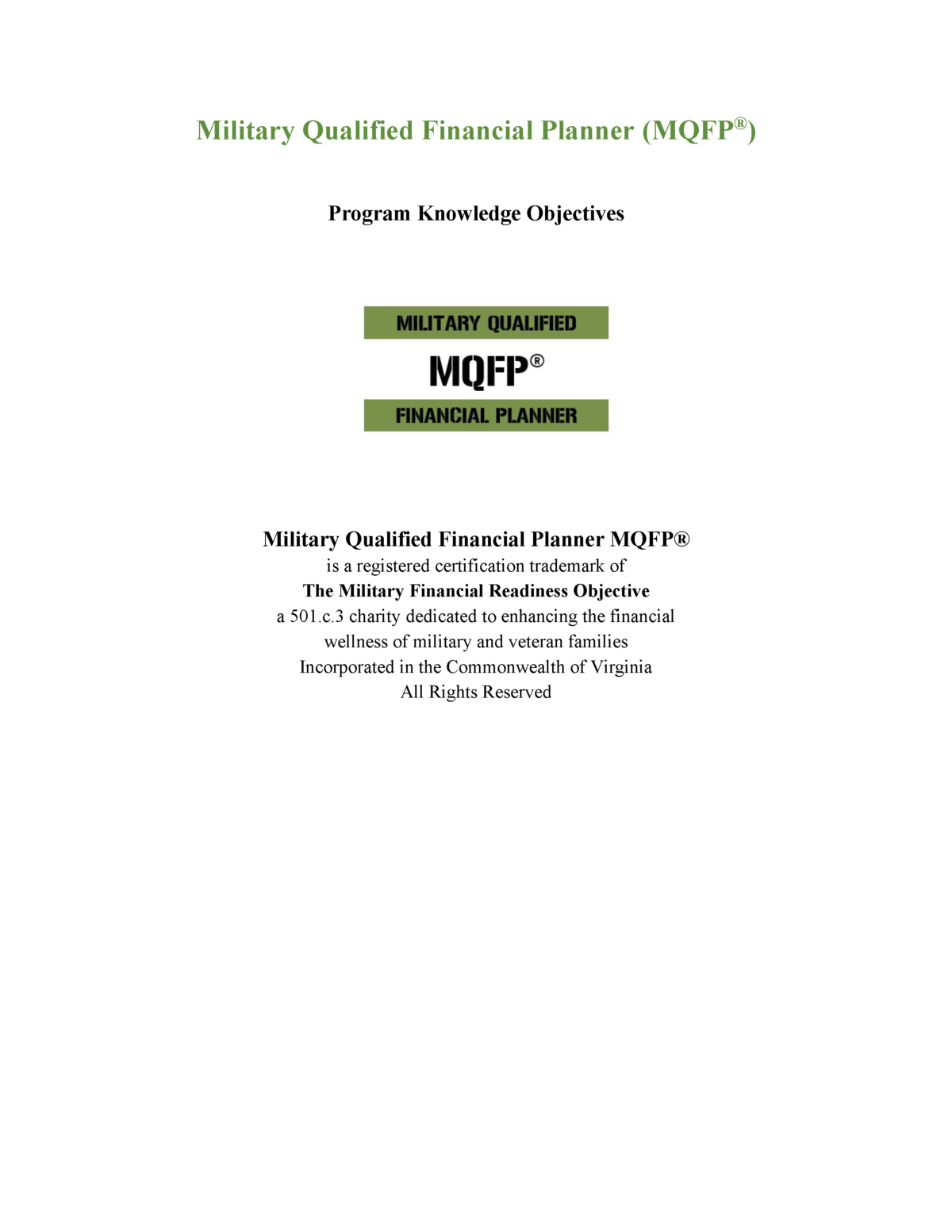 Knowledge Objectives - Military Qualified Financial Planner - MQFP®